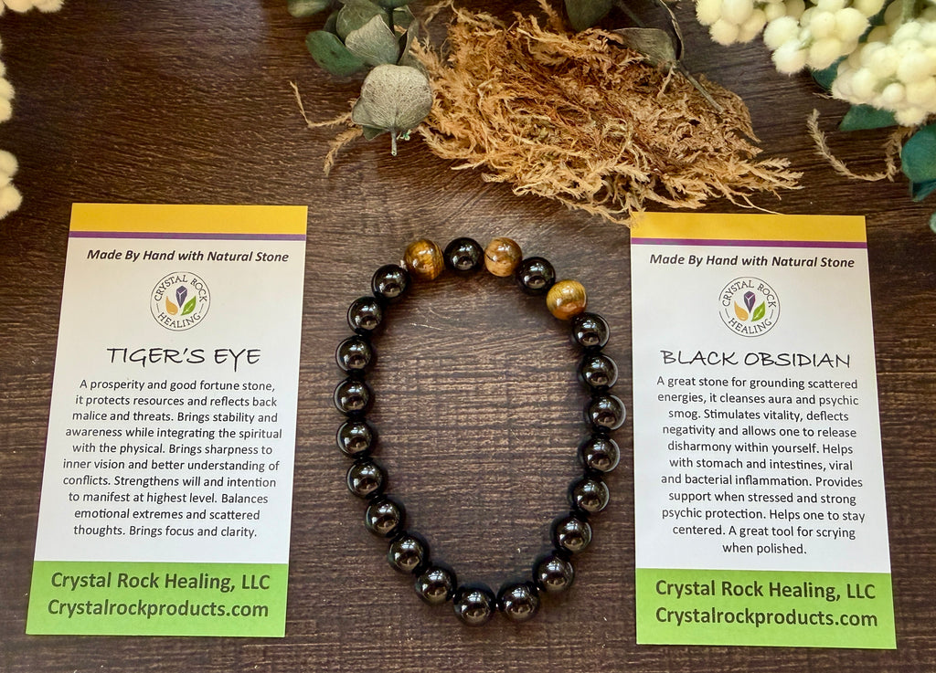 Natural Stone Gem Bracelet 7.5 inch 8mm stretch-Black Obsidian W/ Tige
