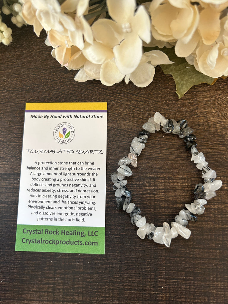 Natural Stone Chip Bracelet 7 inch Stretch-Tourmalated Quartz